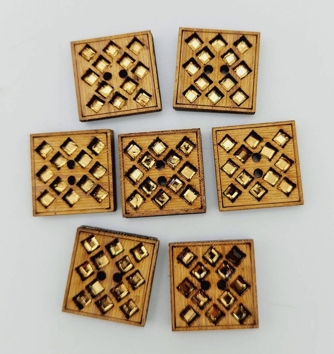 Wooden Square Shape Cutwork Buttons With Crafted Gold Stone, Indian ...
