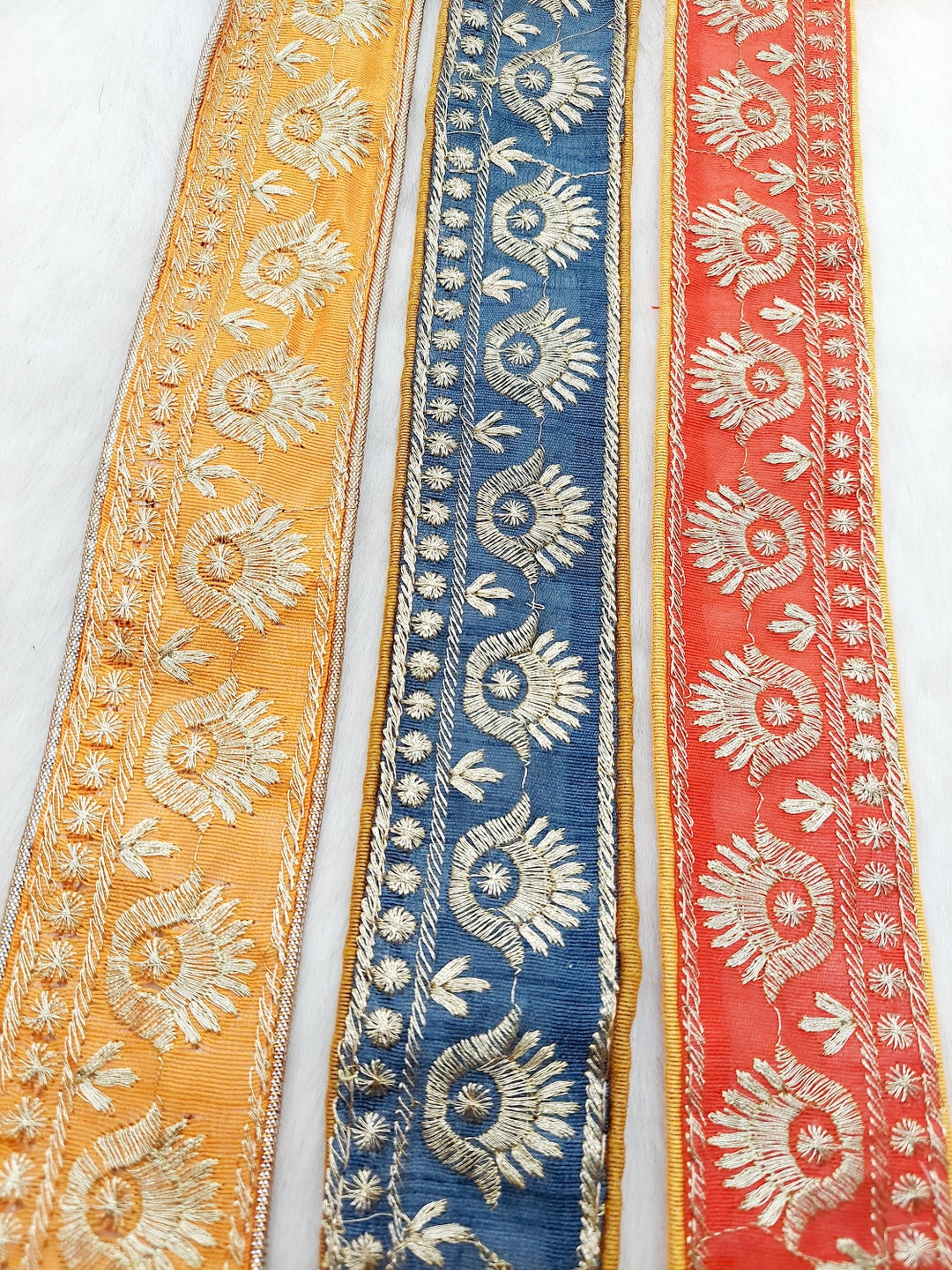 Floral Embroidered Art Silk Trim in Red / Yellow and Gold, Floral ...