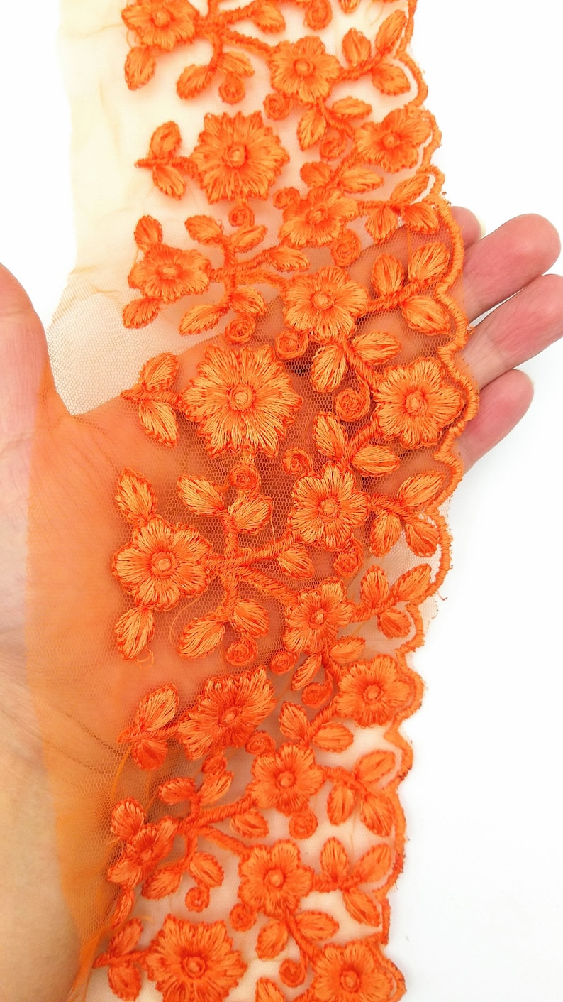 Orange Net Fabric Lace Trim With Floral Embroidery in Orange - Etsy