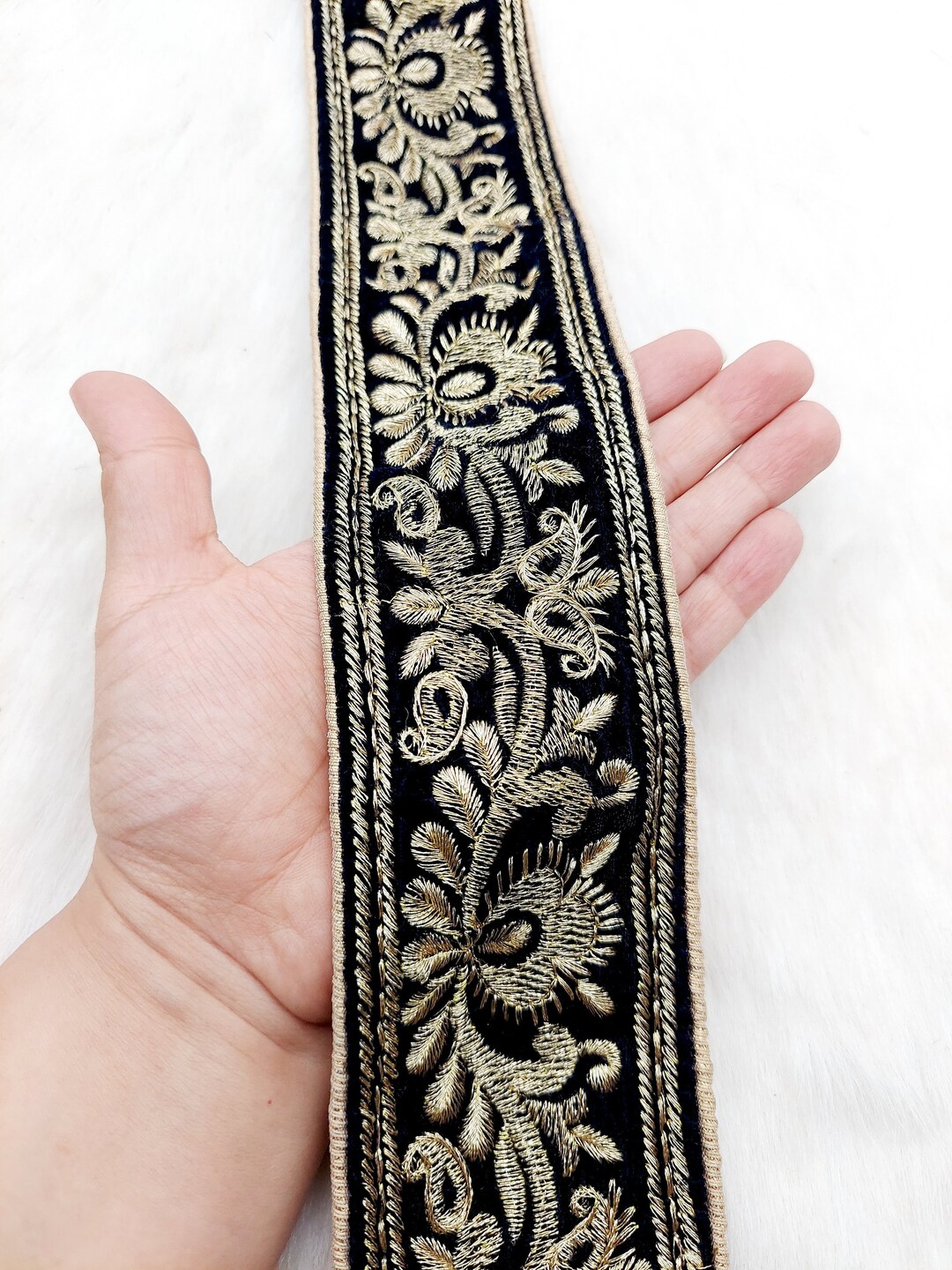 Black Velvet Trim in Gold Floral Embroidery Trim by Yard 9 - Etsy