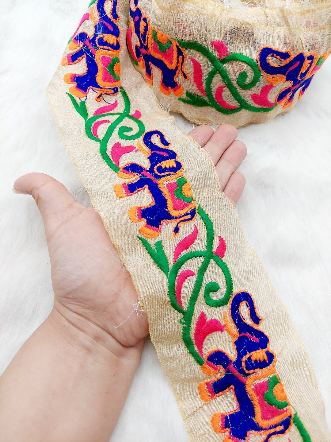 Beige Trim With Blue Elephant Embroidery , Lace Trim, Indian Lace Trim ...