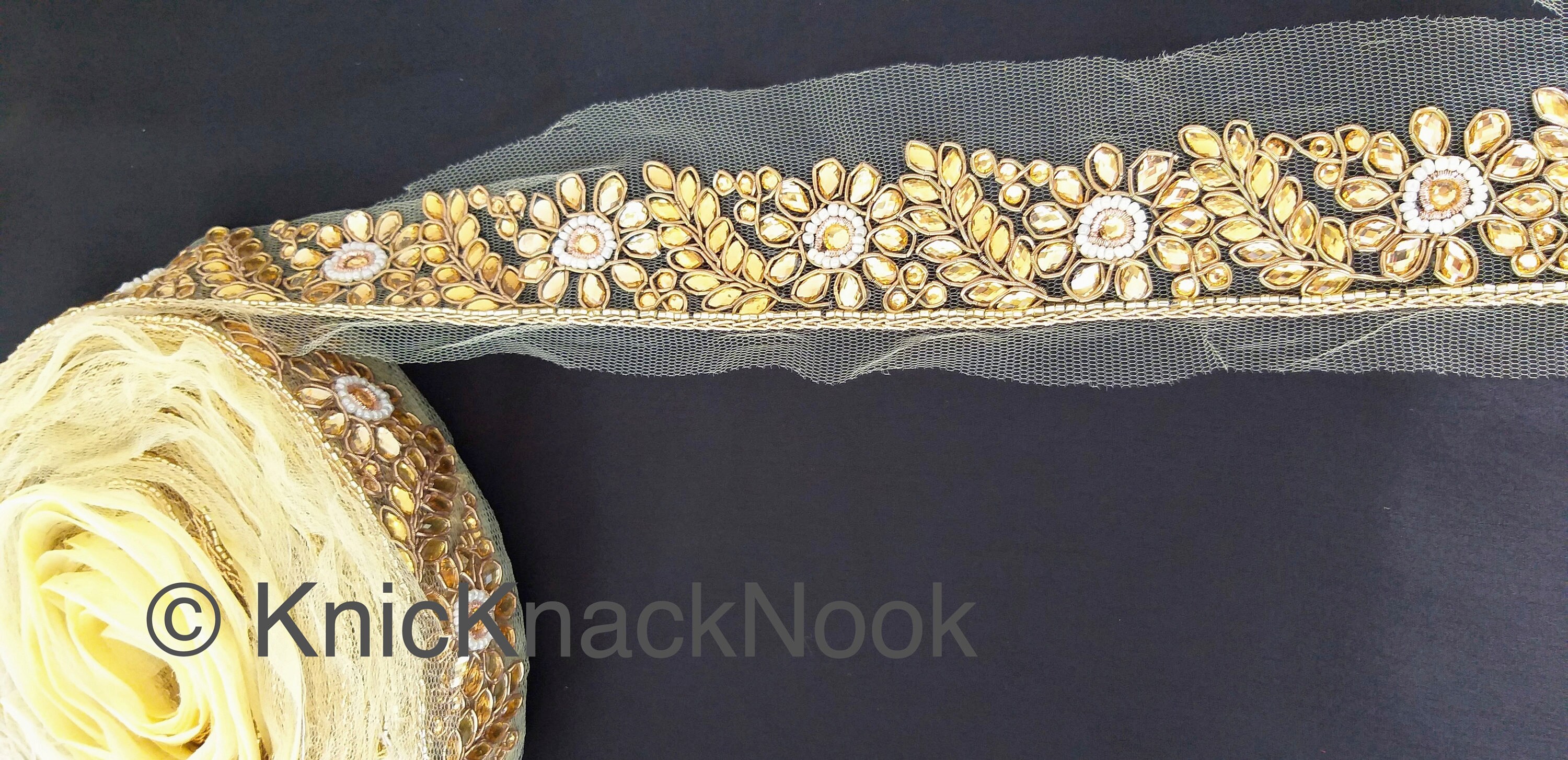 Hand Embroidered Beige Net Lace Trim With White Beads Gold - Etsy UK