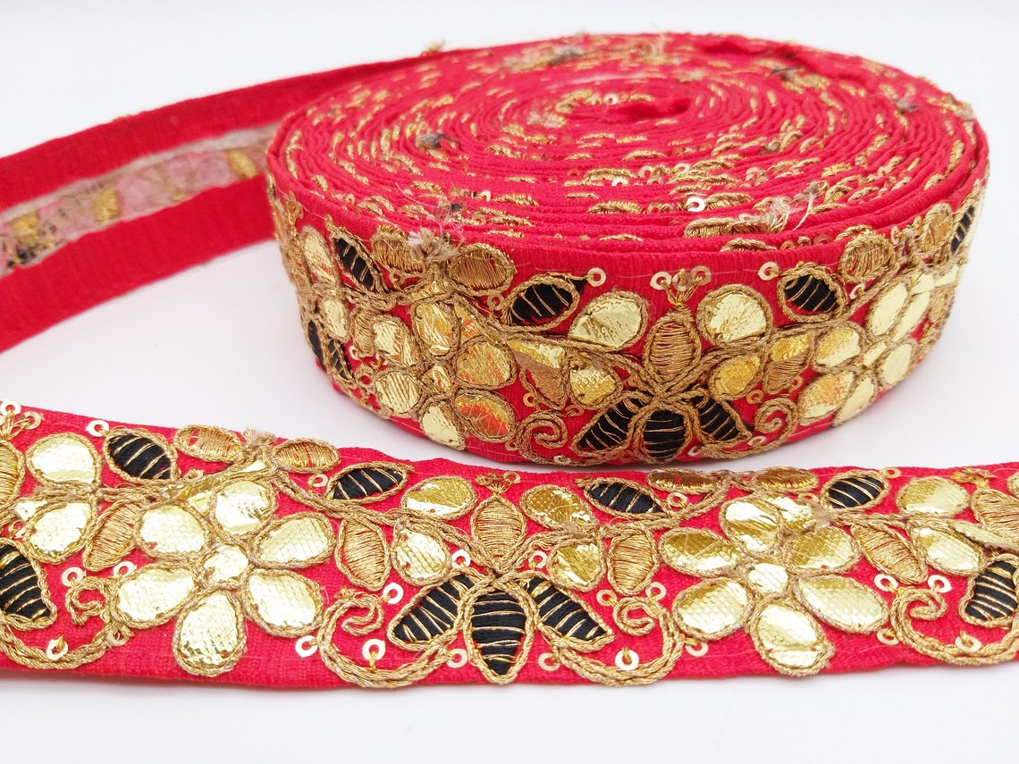 Red Fabric Trim in Black & Gold Floral Embroidery Gota Patti - Etsy UK