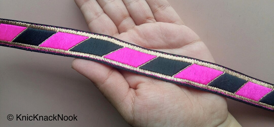 Black, Fuchsia Pink and Bronze Thread Embroidered Lace Trim, 20mm Wide ...