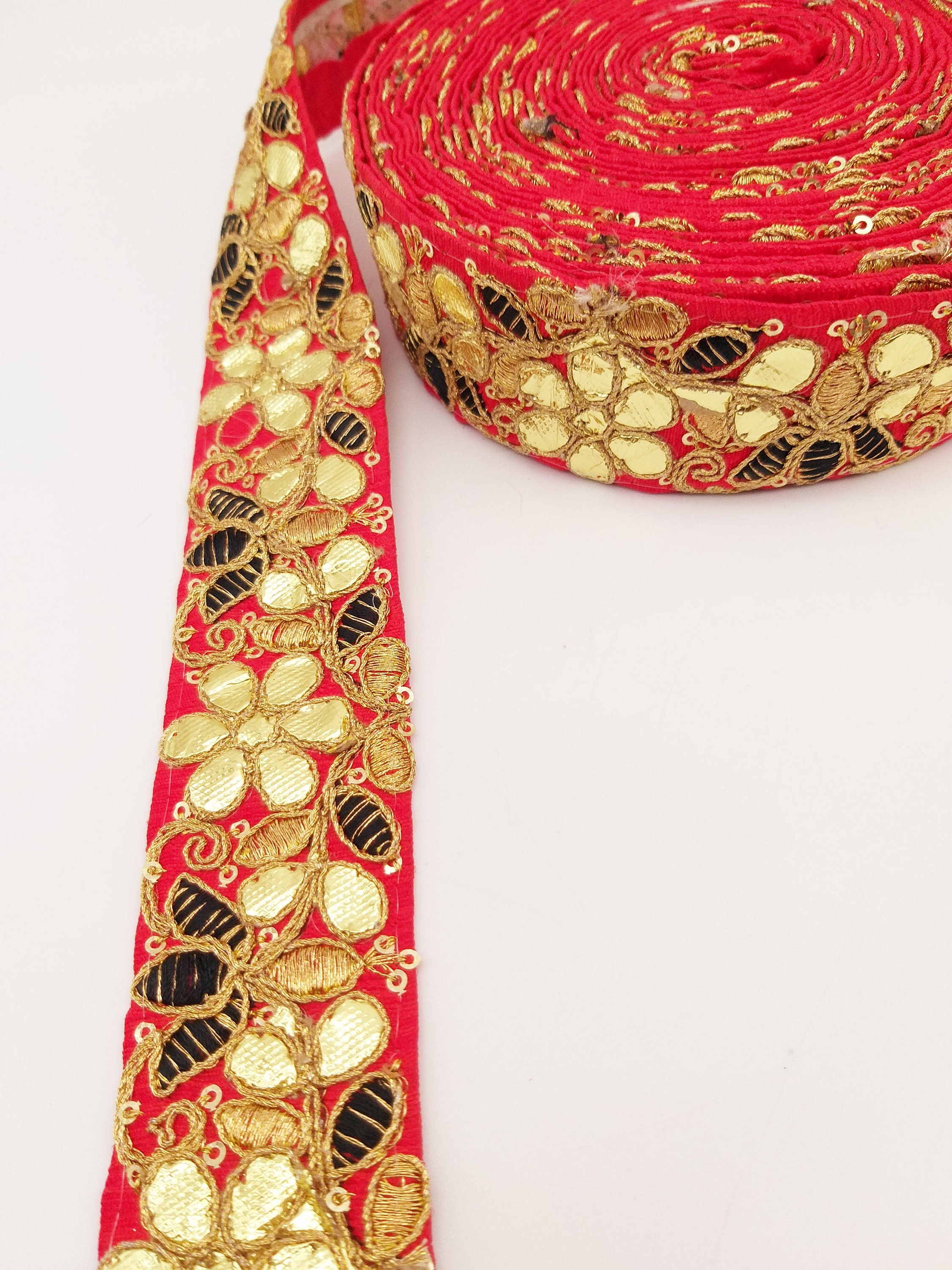 Red Fabric Trim in Black & Gold Floral Embroidery Gota Patti - Etsy UK
