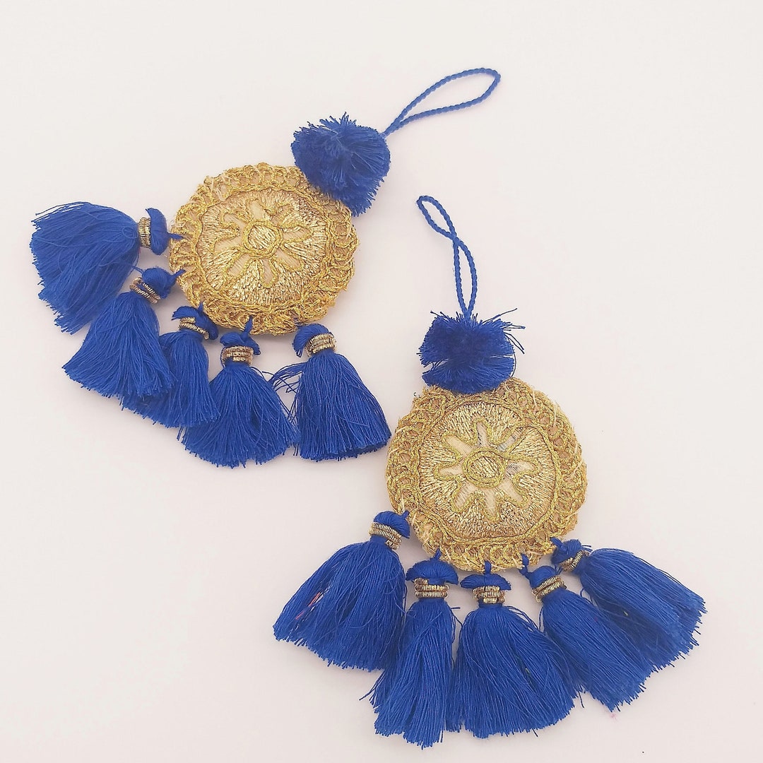 Embroidered Royal Blue & Gold Tassels: Indian Boho Latkan Set - Etsy