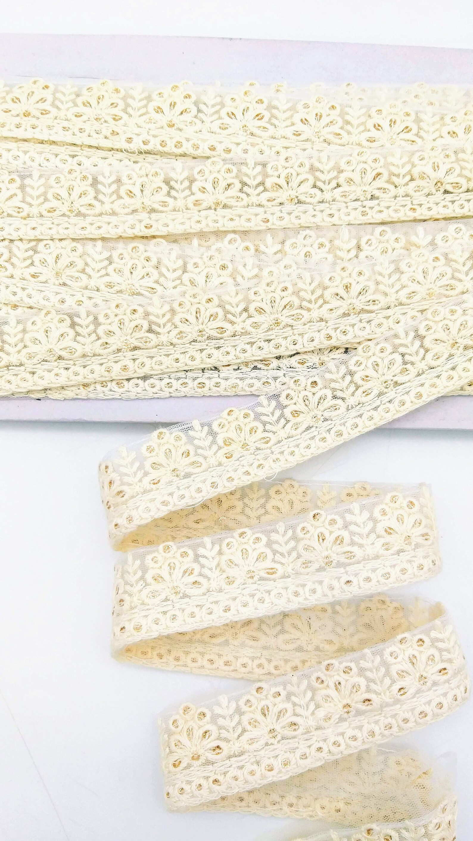 Off White Net Lace Trim With Floral Embroidery And Gold | Etsy