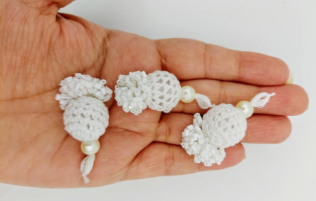 White Crochet Ball Tassels With White Bugle Beads Tassel - Etsy