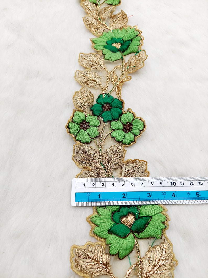 Green & Gold Embroidered Floral Trim: Cutwork Lace Sari Border - Etsy