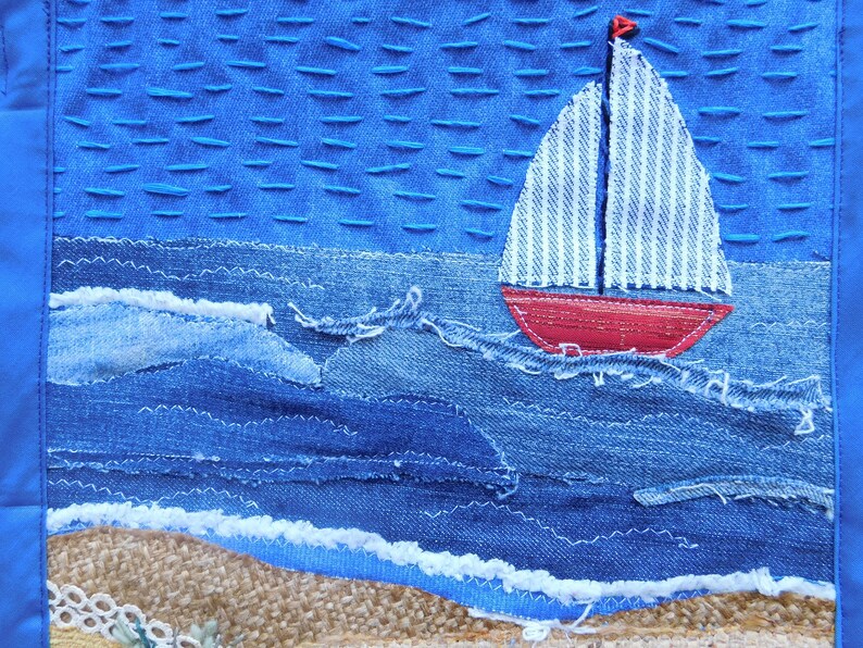 Textile Art Seascape Wall Hanging With Sailboat Crab Ocean | Etsy