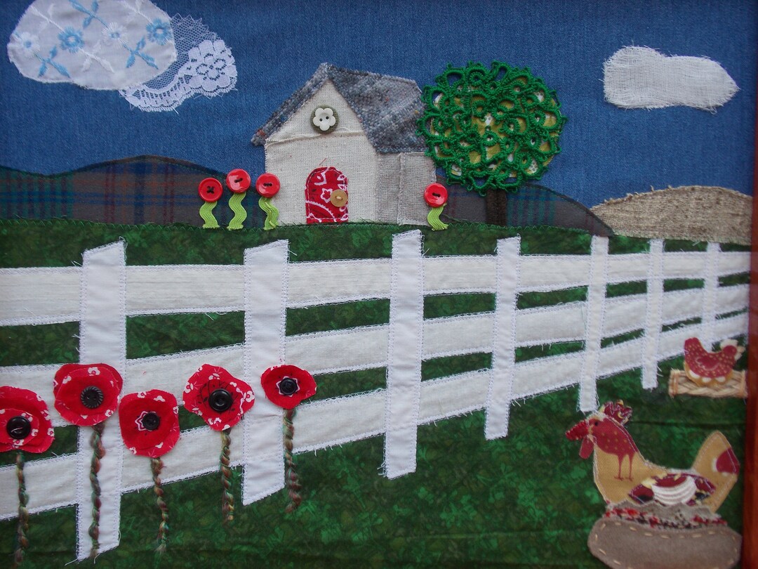 Framed Textile Art Fabric Art Chickens & Poppies House Handmade Cedar ...