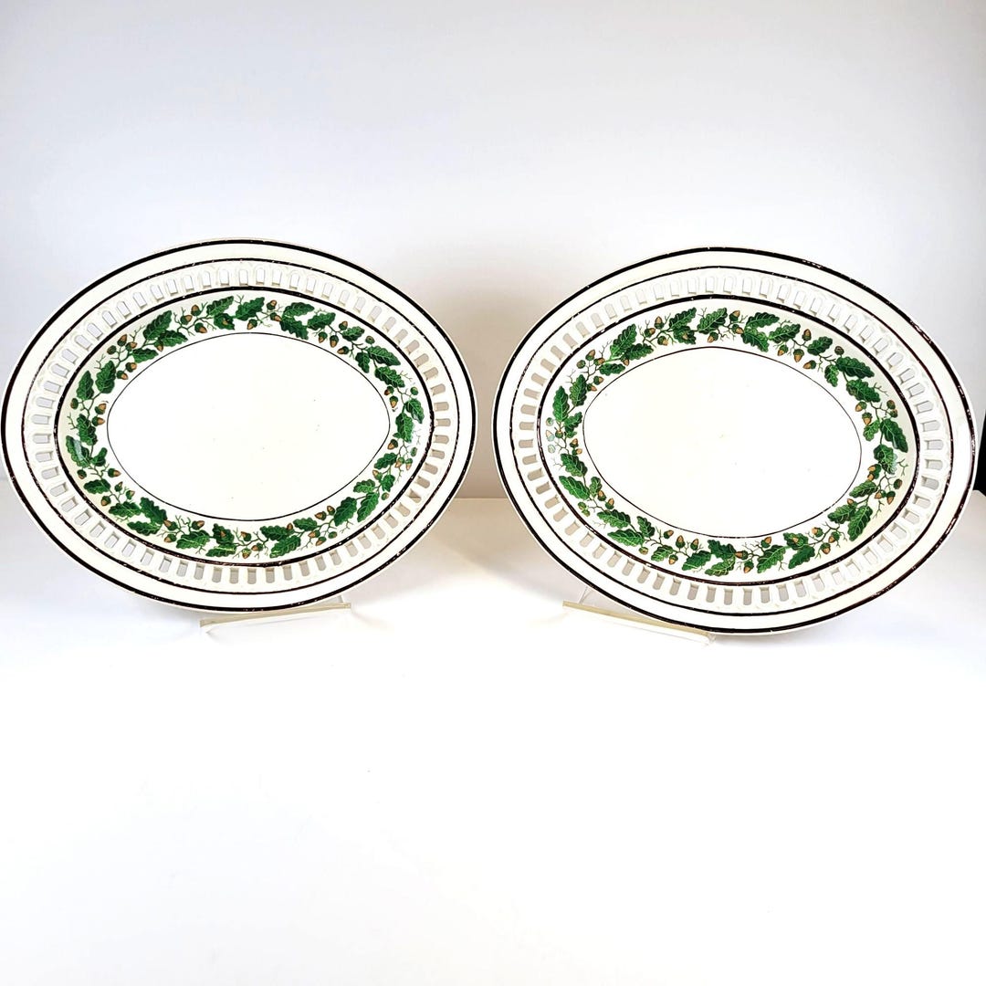Antique Pair of Spode Reticulated Oval Platters Green Oak Leaf & Acorn ...