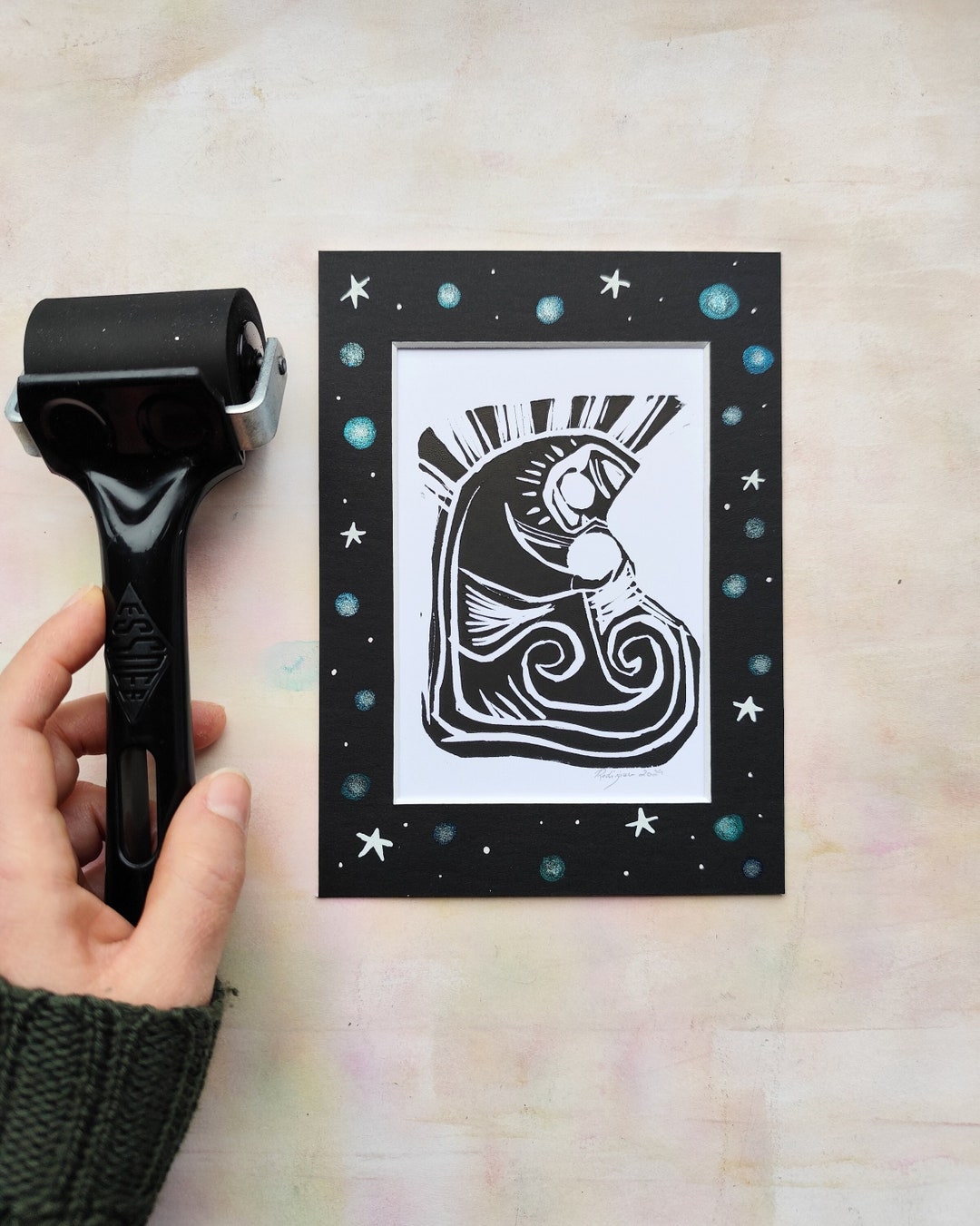 Mother Goddess Altar, Matted Moon Mother Linocut Print, Divine Feminine ...