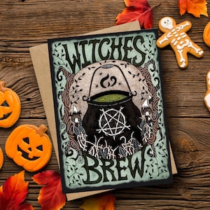 Witches Brew Greetings Card & Envelope - Black Green Pentagram Cauldron ...