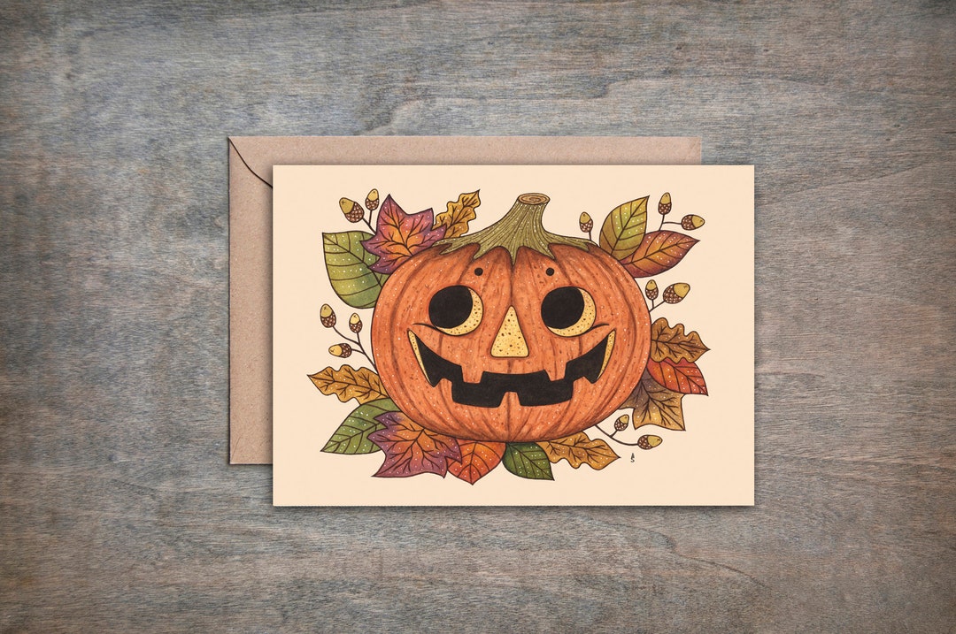 Pumpkin Head Card & Envelope - Whimsical Autumn Jack-o-lantern Card ...