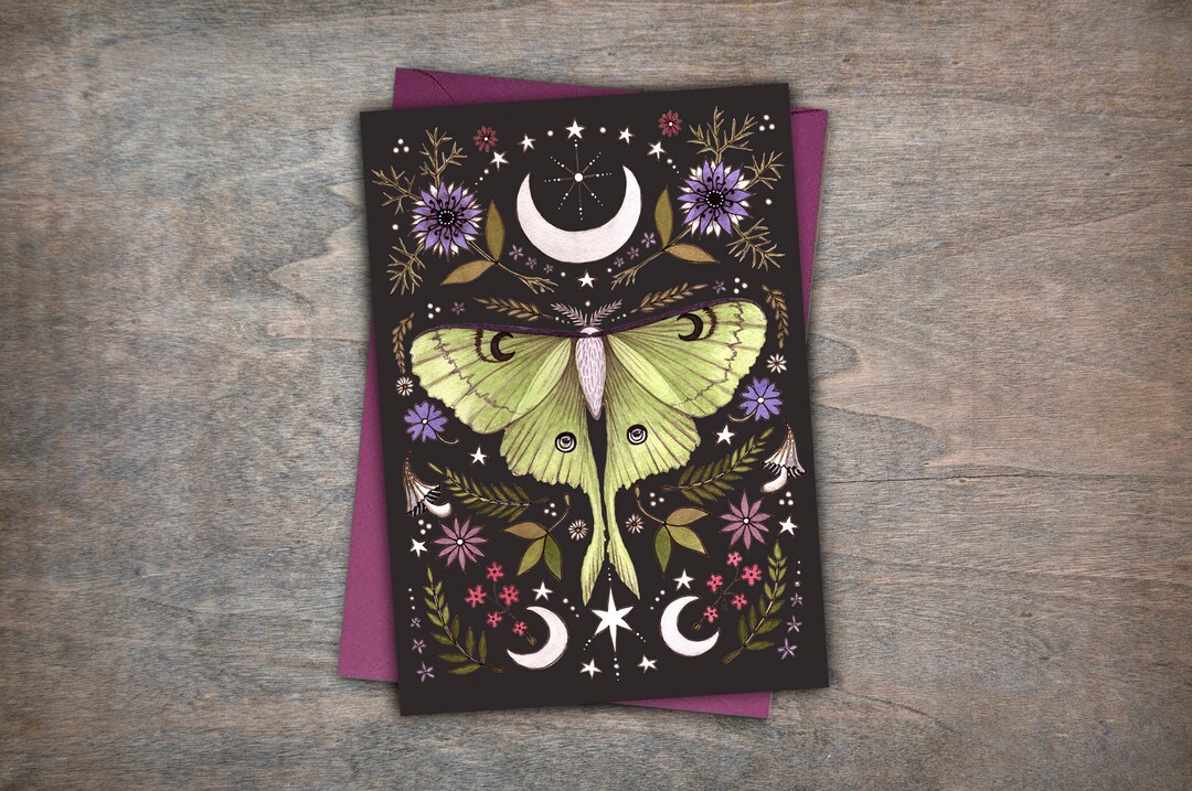 Luna Moth Greetings Card & Envelope - Floral Botanical Moon Moth ...