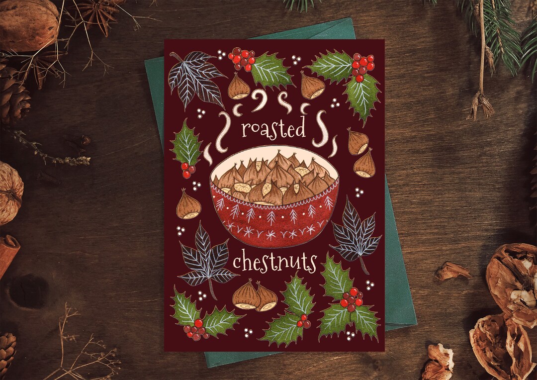 Roasted Chestnuts Greetings Card & Envelope - Red Brown Bowl of ...