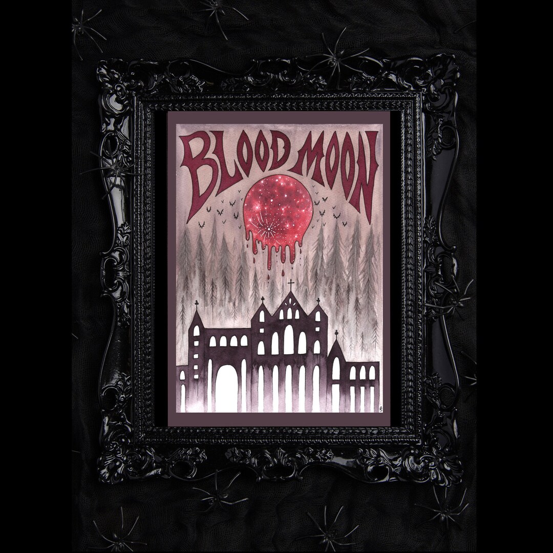 Blood Moon Illustration Print - Watercolour Gothic Red Moon Sky A5 - A4 ...