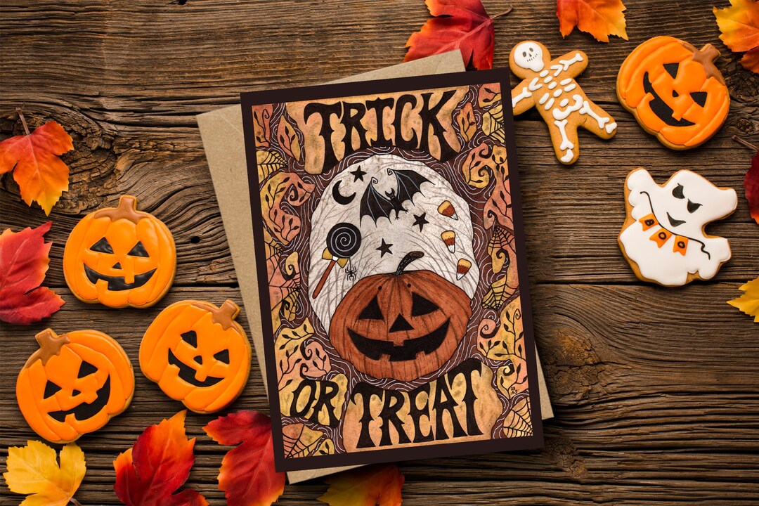 Trick or Treat Greetings Card & Envelope - Orange Halloween Pumpkin ...