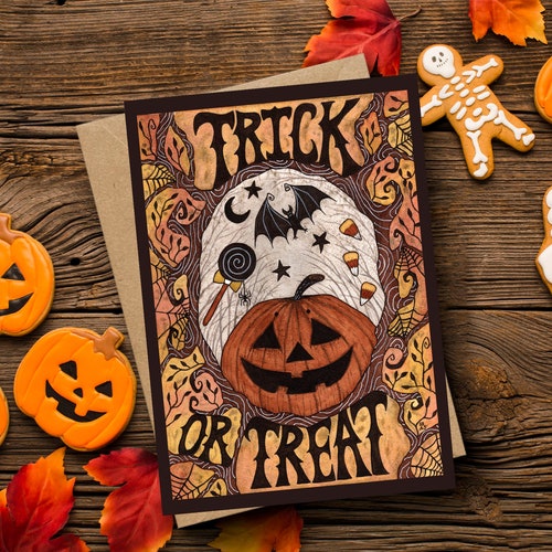 Trick or Treat Greetings Card & Envelope Orange Halloween - Etsy