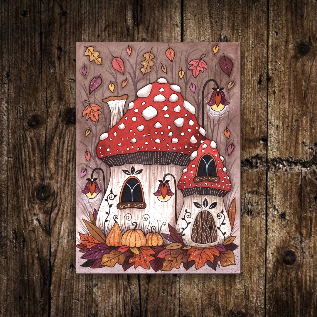 Mini Toadstool Cottage Print - Small A6 Whimsical Mushroom Fairy Pixie ...