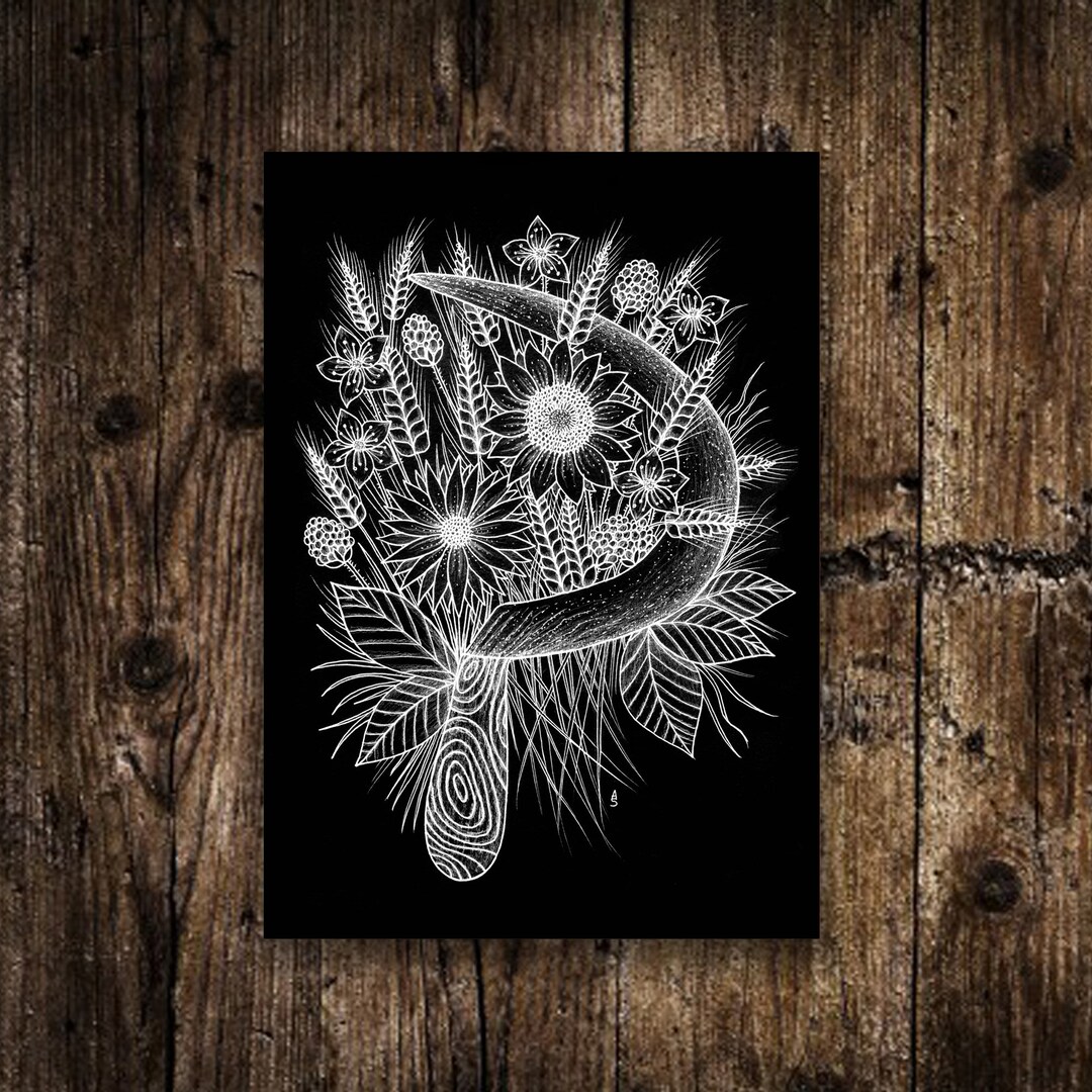 Mini Autumn Sickle Print - Small A6 Lughnasadh Illustration - Sunflower ...