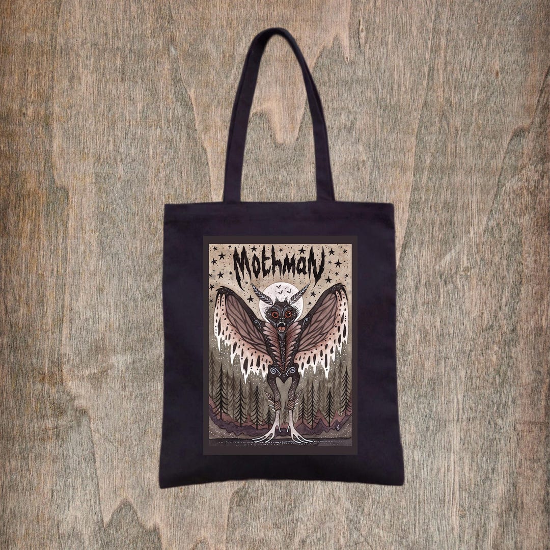 Mothman Black Tote Bag - Creepy Cryptids Fair Trade Cotton Bag - Spooky ...