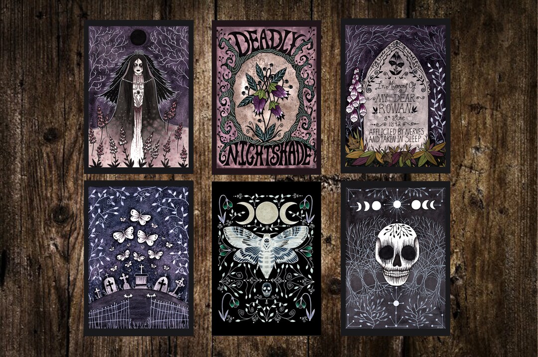Set of 6 Mini Celestial Witch Prints - Spooky A6 Purple Illustration ...