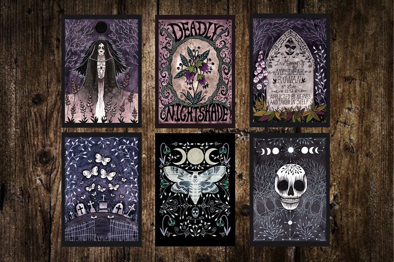 Set of 6 Mini Celestial Witch Prints - Spooky A6 Purple Illustration ...