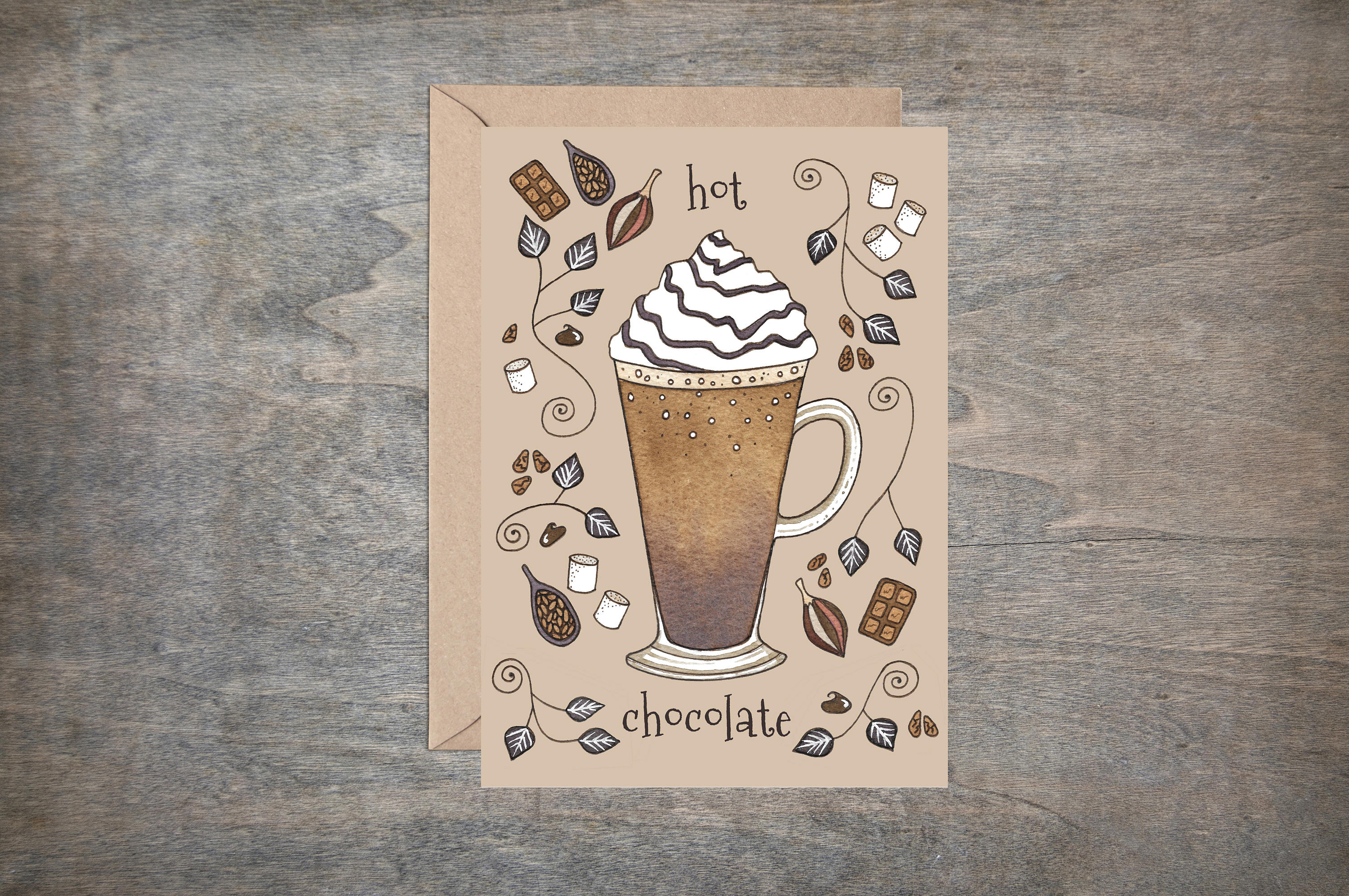 Hot Chocolate Greetings Card & Envelope - Whimsical Cosy Cocoa ...
