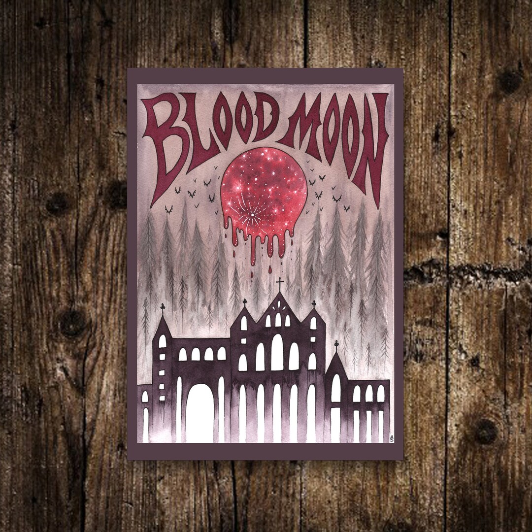 Mini A6 Blood Moon Print - Small Watercolour Gothic Red Moon Sky ...