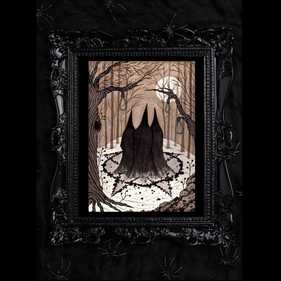 The Winter Coven Illustration Print Black Watercolour - Etsy