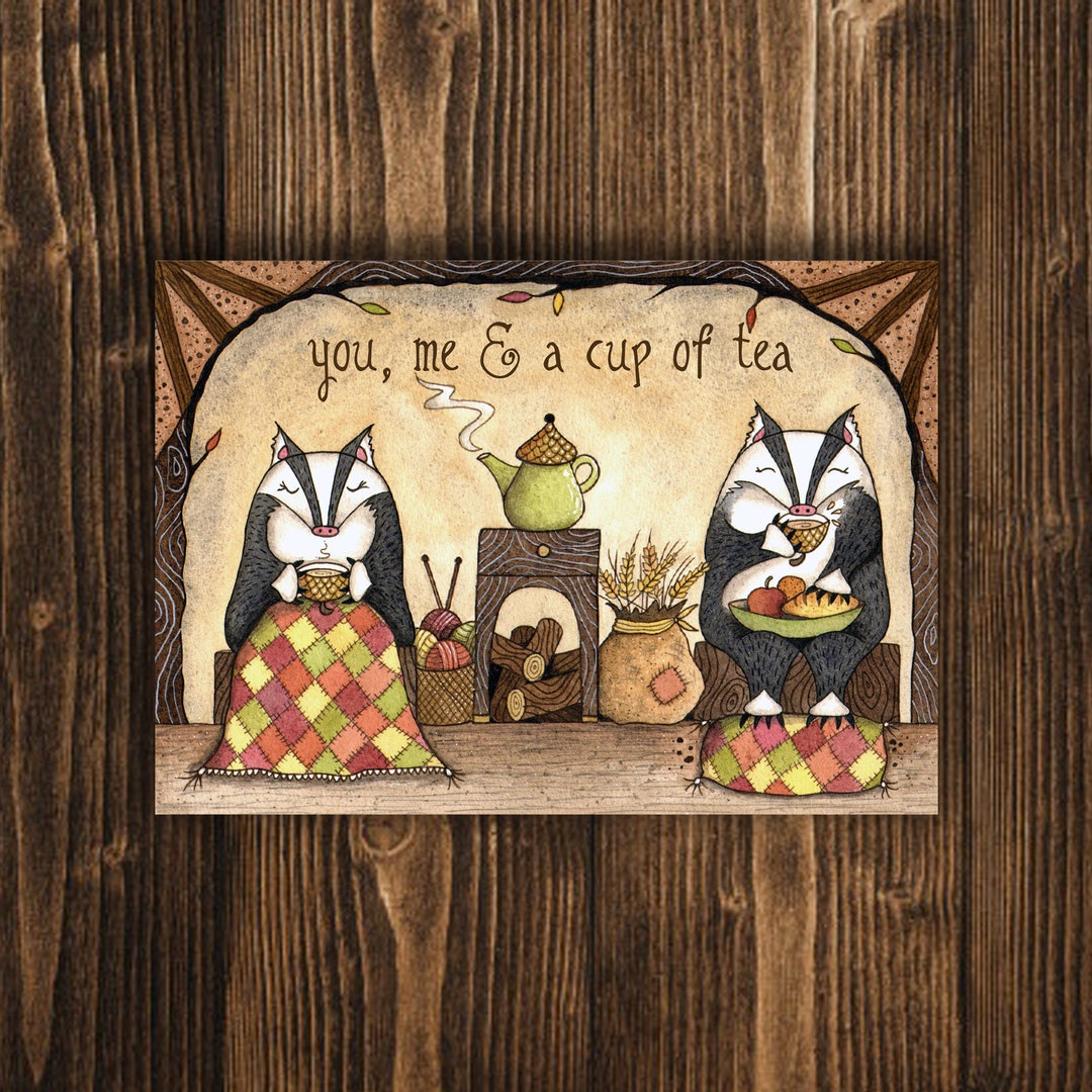 Mini A6 Badgers Drinking Tea Print Small Cosy Badger Couple ...