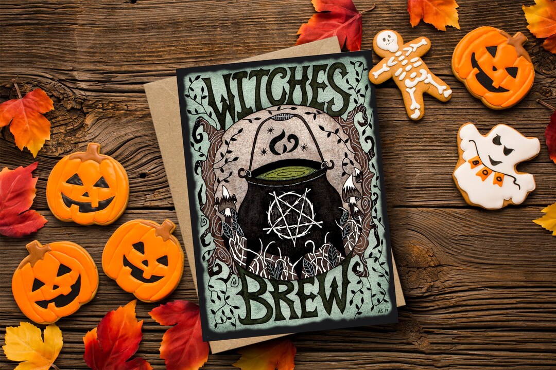 Witches Brew Greetings Card & Envelope - Black Green Pentagram Cauldron ...