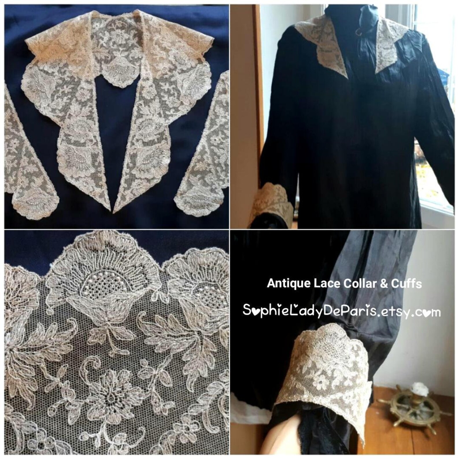 Antique Detachable Collar and Cuffs Set French Silk Lace Floral Needle ...