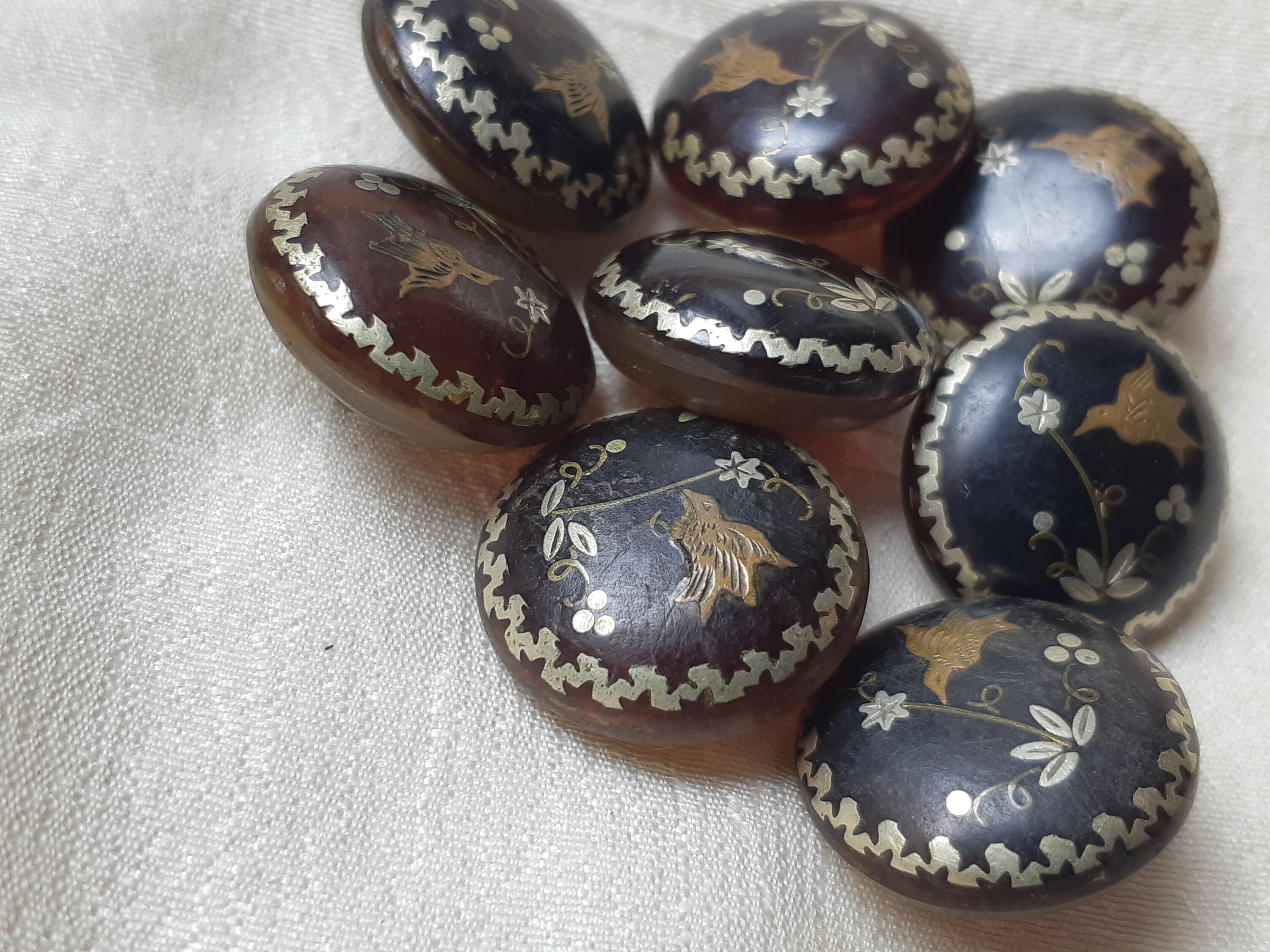 Victorian Horn Inlay Buttons Brass and Silver Birds Flowers Brass Shank ...