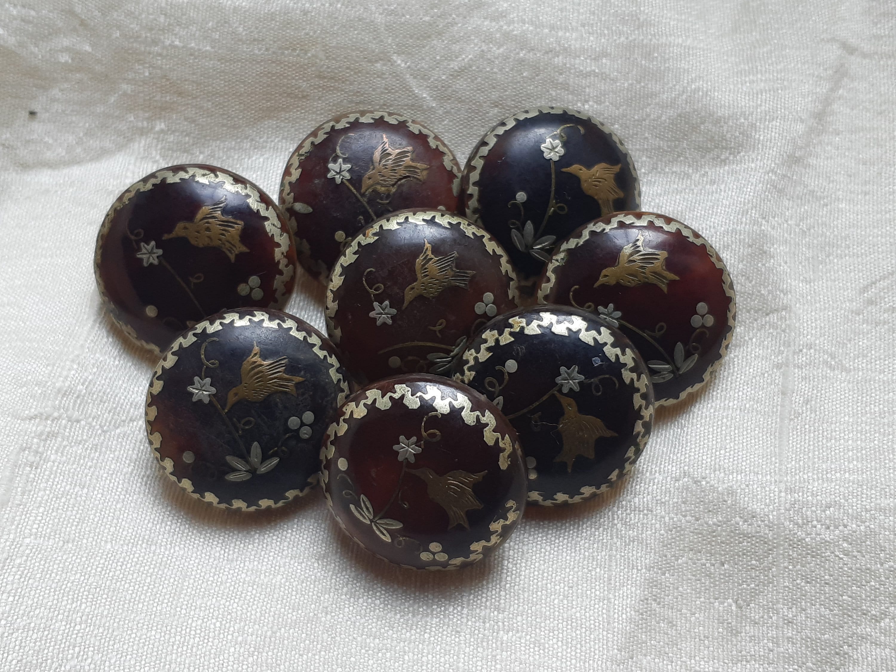 Victorian Horn Inlay Buttons Brass and Silver Birds Flowers Brass Shank ...