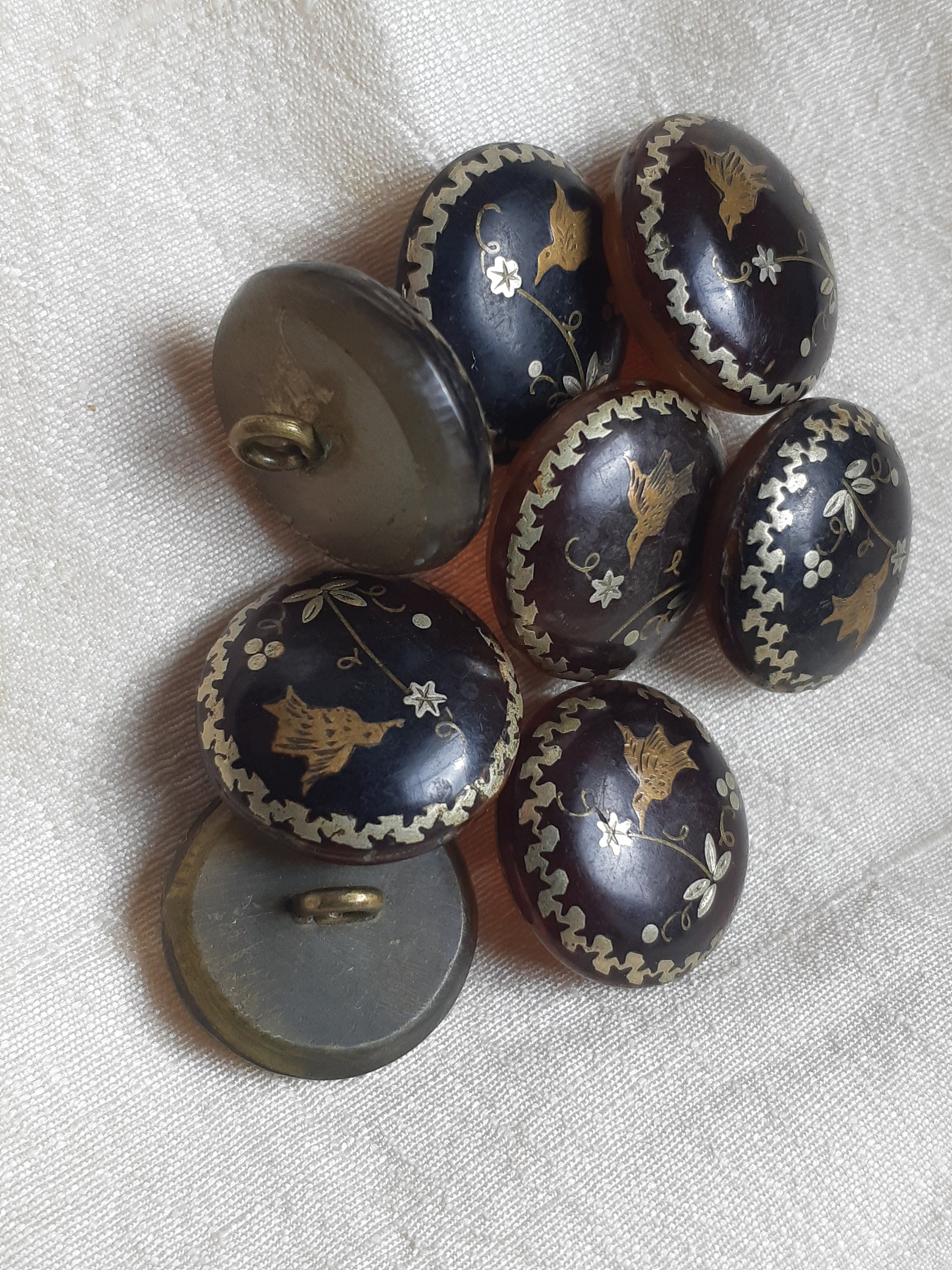 Victorian Horn Inlay Buttons Brass and Silver Birds Flowers Brass Shank ...