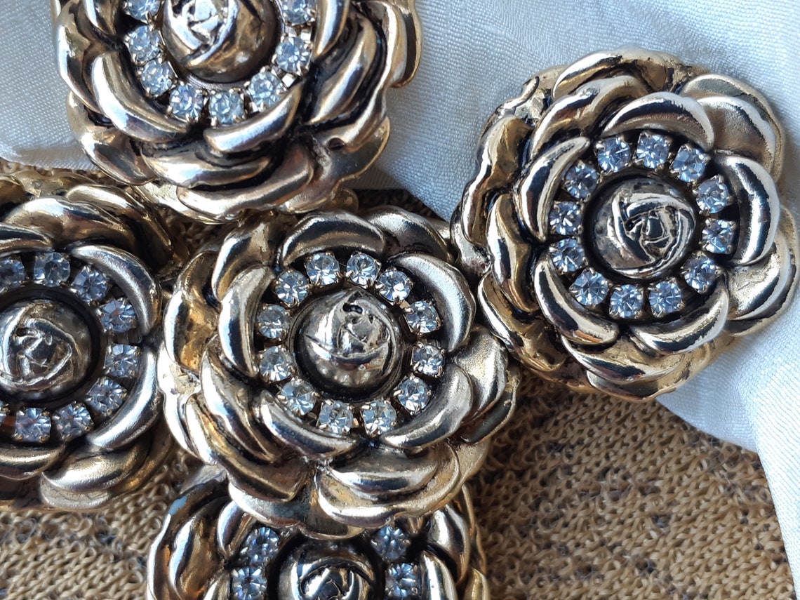 5 Large Gold Flowers Buttons With Rhinestones French Couture Buttons ...