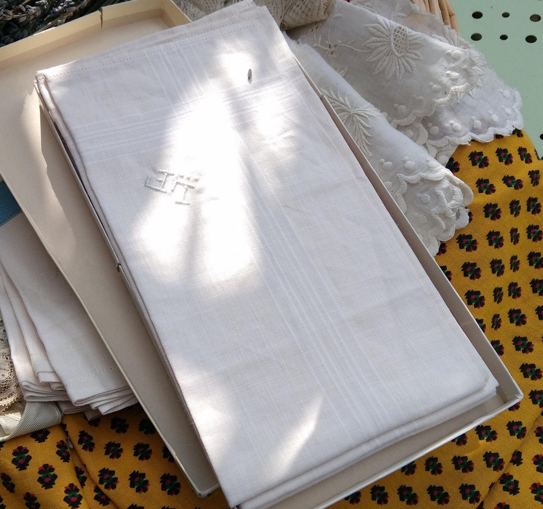 5 Large Handkerchiefs Unused White Linen Monogram Men's French Tissue # ...