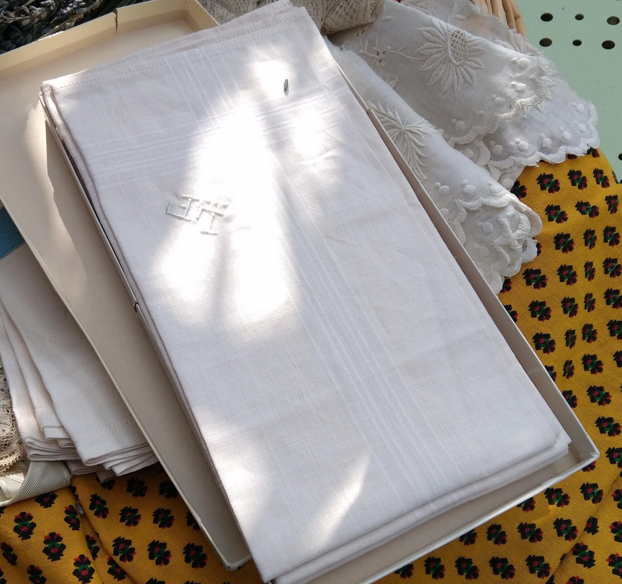 5 Large Handkerchiefs Unused White Linen Monogram Men's French Tissue ...