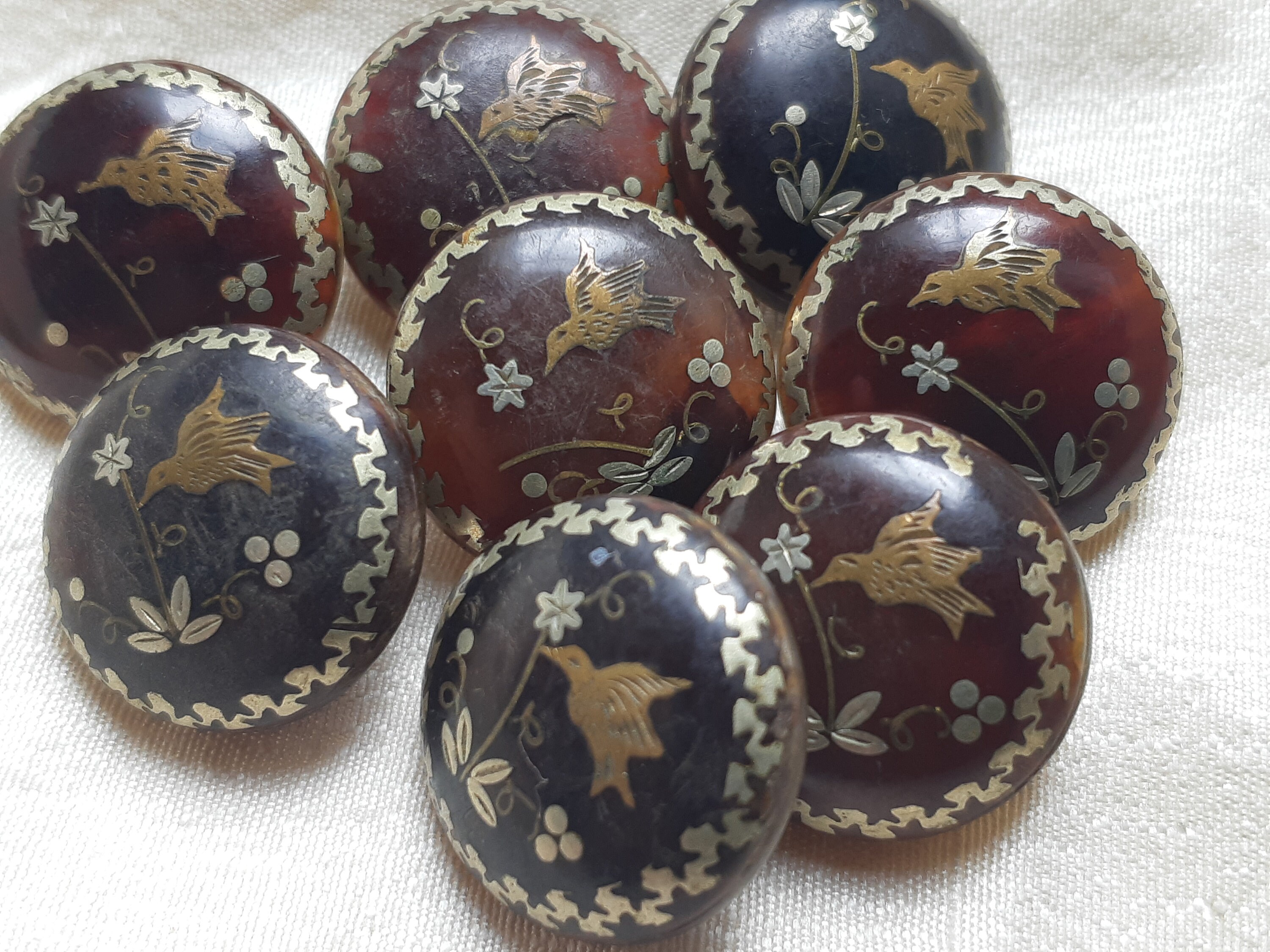 Victorian Horn Inlay Buttons Brass and Silver Birds Flowers Brass Shank ...