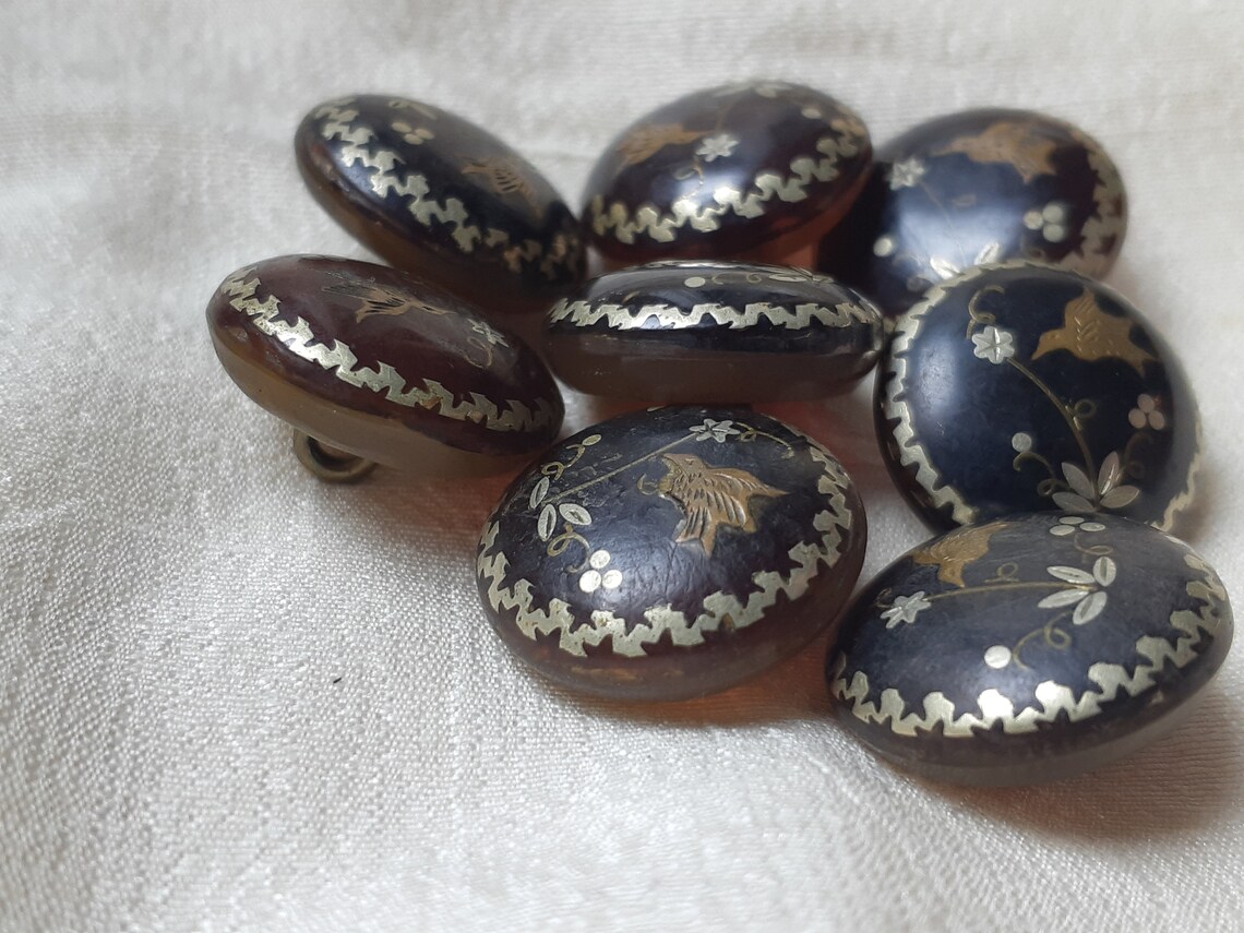 Victorian Horn Inlay Buttons Brass and Silver Birds Flowers Brass Shank ...
