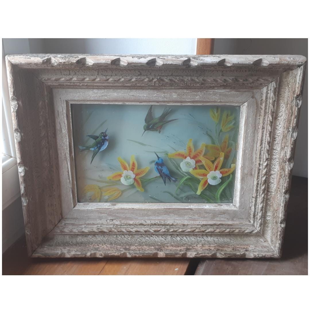 Original 1930's French Layered Glass Birds and Flowers Painting Signed ...