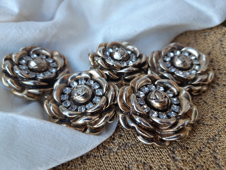 5 Large Gold Flowers Buttons With Rhinestones French Couture Buttons ...