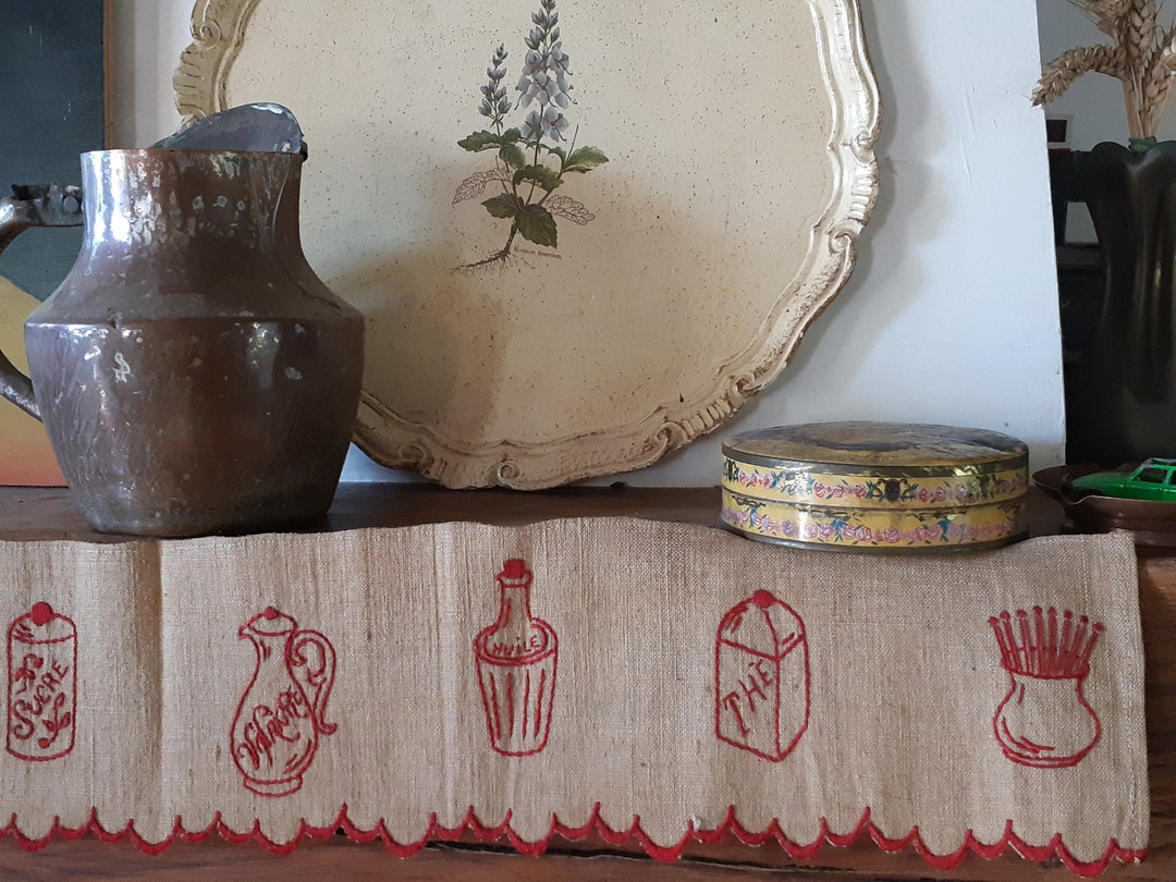 Antique French Shelf Trim Linen Redwork French Kichen Tools Coffeee ...