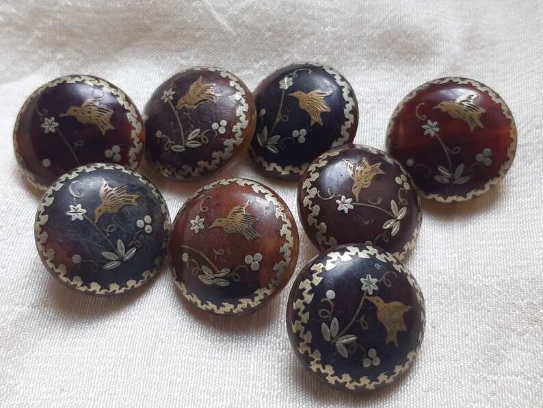 Victorian Horn Inlay Buttons Brass and Silver Birds Flowers Brass Shank ...