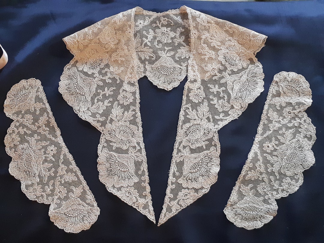 Antique Detachable Collar and Cuffs Set French Silk Lace Floral Needle ...
