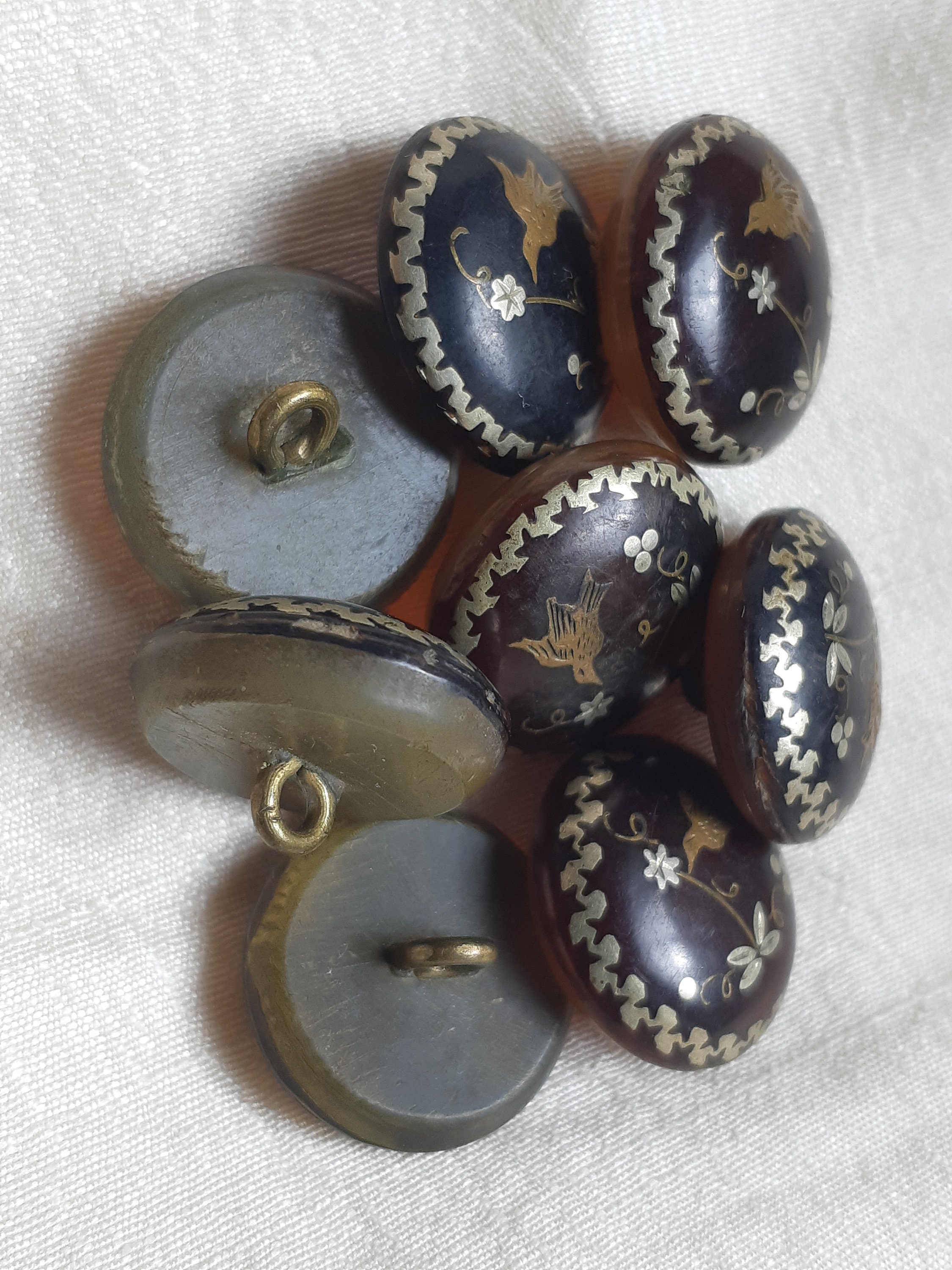 Victorian Horn Inlay Buttons Brass and Silver Birds Flowers Brass Shank ...