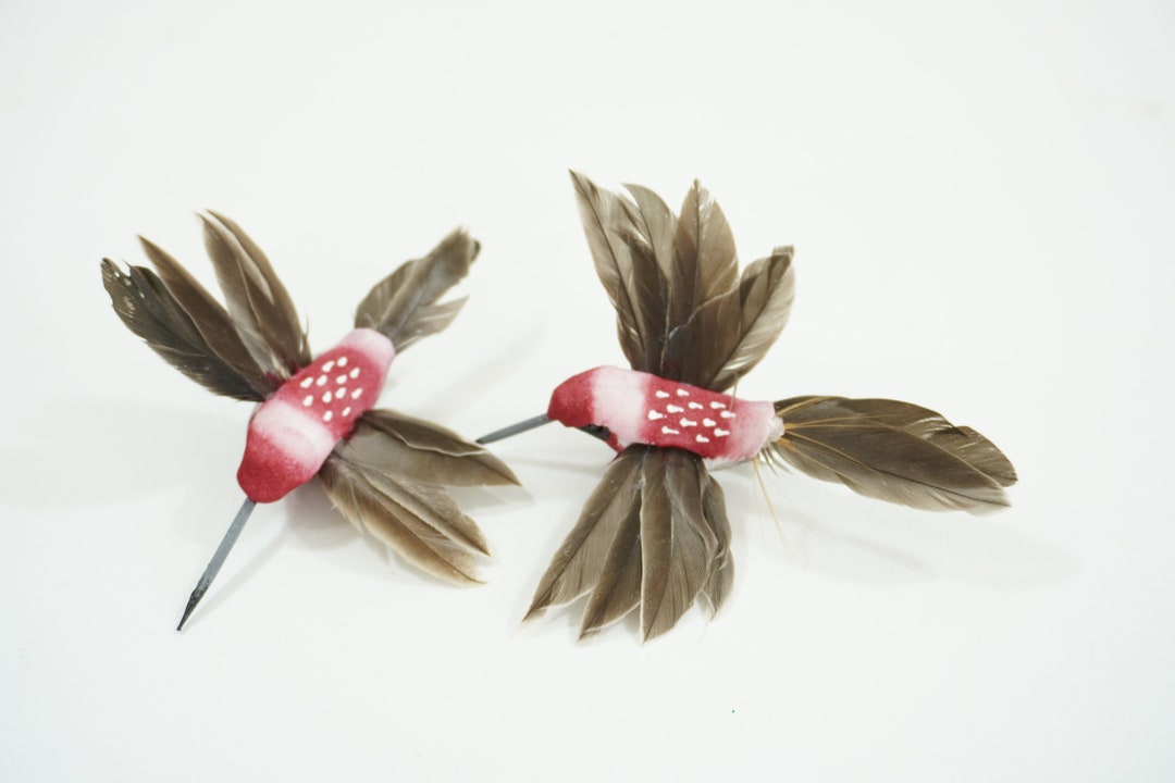 Artificial Hummingbirds, 2 Feathered Birds, Dark Pink and Gray ...